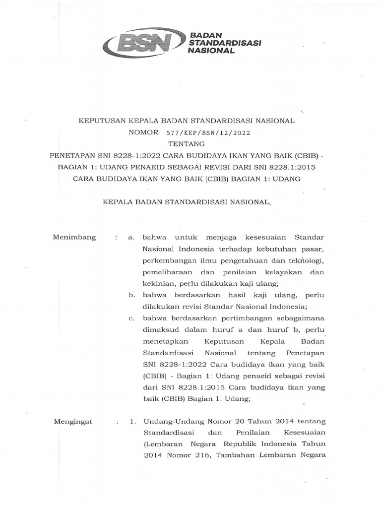 CBIB - UdangPenaeid - Rev SNI 8228-1 - 2022 - Full | PDF