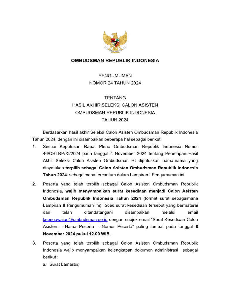 Pengumuman Hasil Akhir Seleksi Calas 2024 | PDF