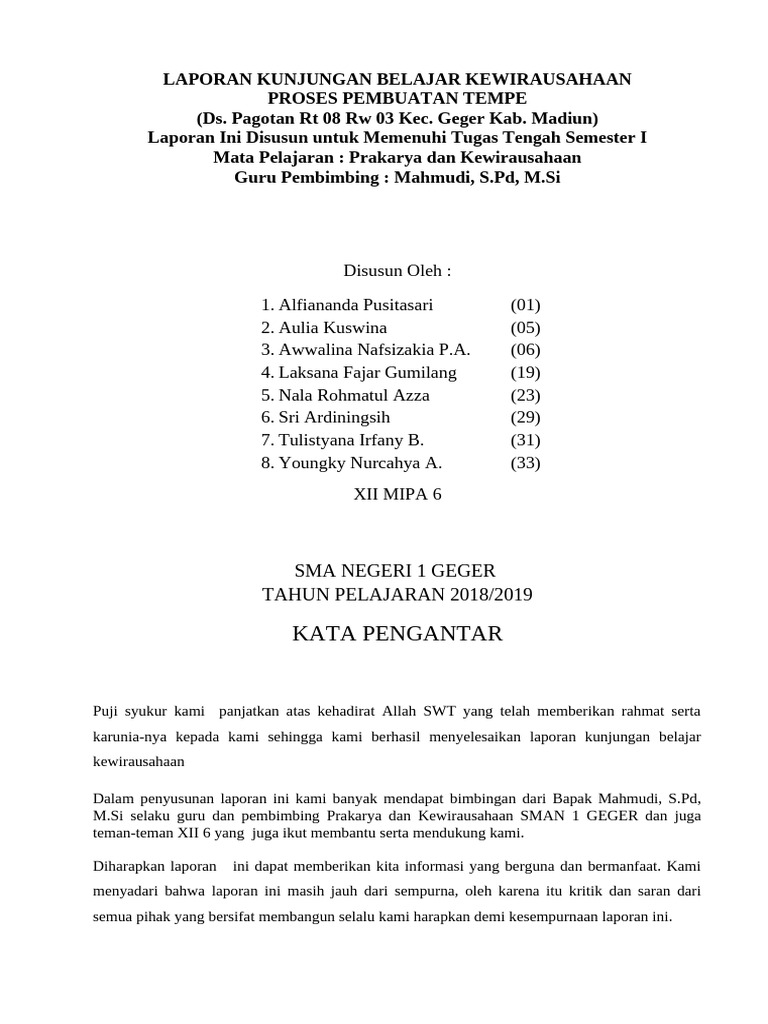 PKWU Laporan Proses Pembuatan Tempe Doc | PDF | Karier & Perkembangan | Kesehatan Holistik