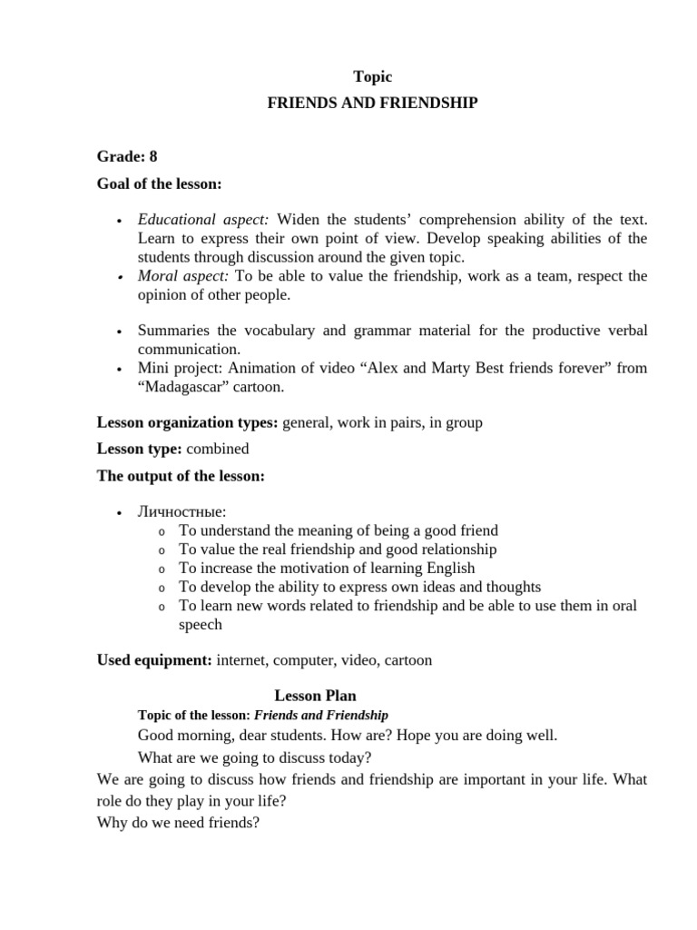 Lesson Plan | PDF | Friendship | Communication