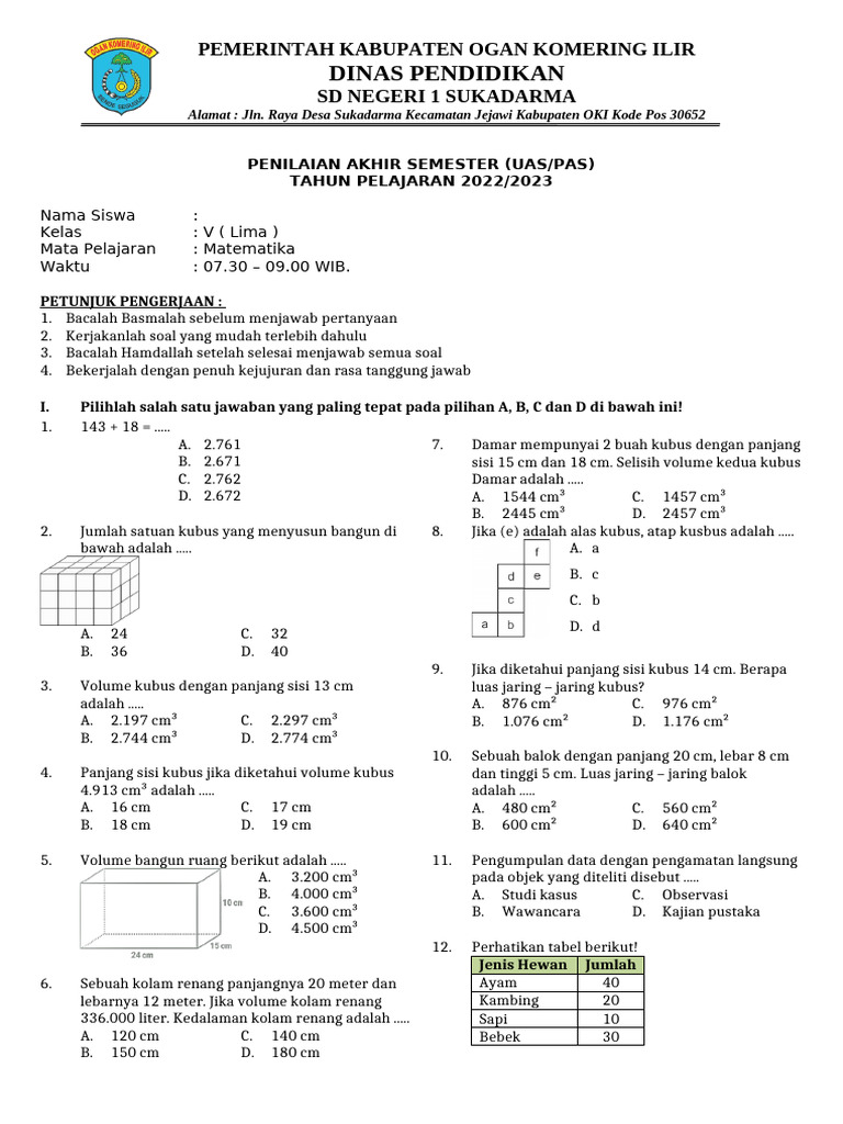 Soal PAT MTK Kelas 5 SMT.2 2022-2023 | PDF