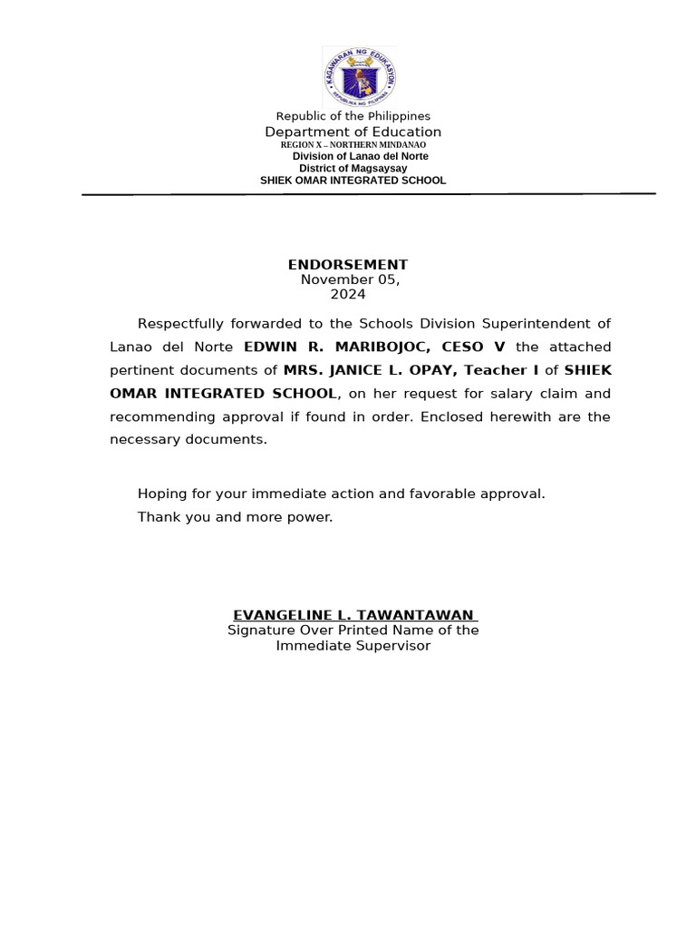 Endosement Letter-Salary Claim | PDF | Qualifications | Vocational ...