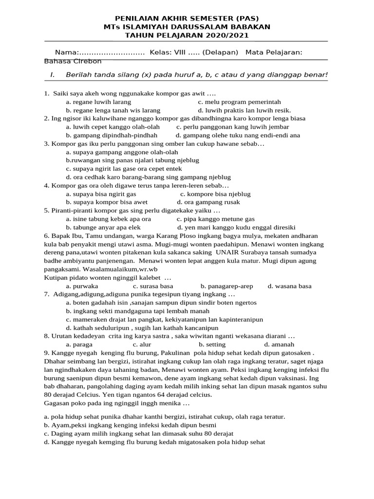 Pas Bahasa Cirebon Kelas 8 | PDF