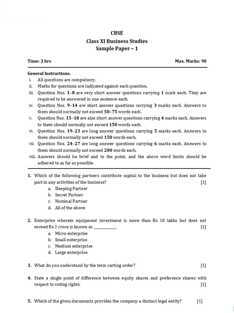 CBSE CLass 11 Busniess Studies (BST) Sample Paper-1 | PDF | Insurance ...