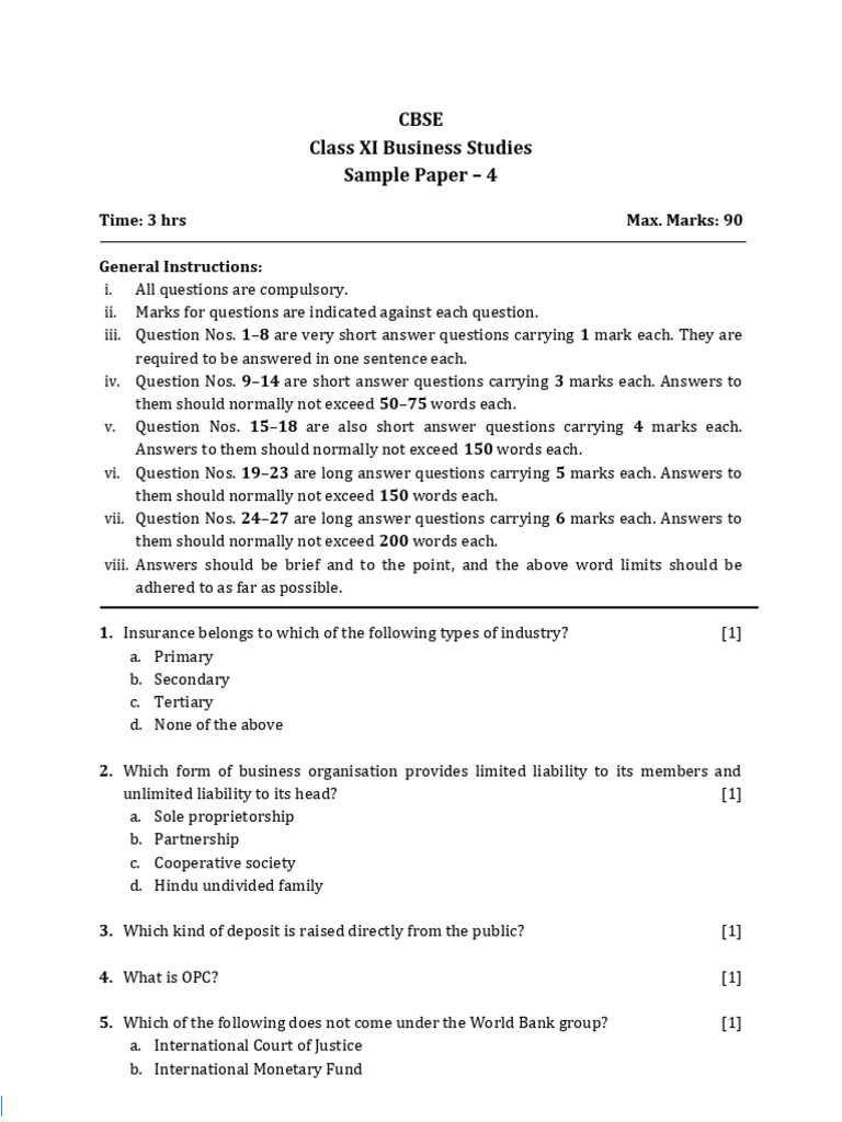 CBSE Class 11 Business Studies (BST) Sample Paper-4 | PDF | Banks | Cooperative