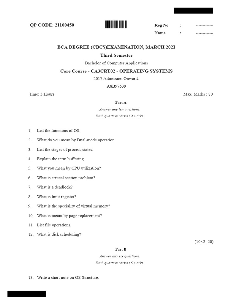 BCA Exam 2021: Operating Systems | PDF | Process (Computing) | Operating System