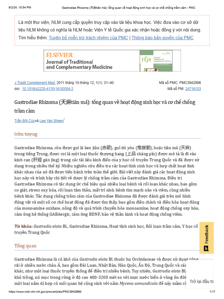 Gastrodiae Rhizoma tổng quan về hoạt động sinh học và cơ chế chống trầm ...