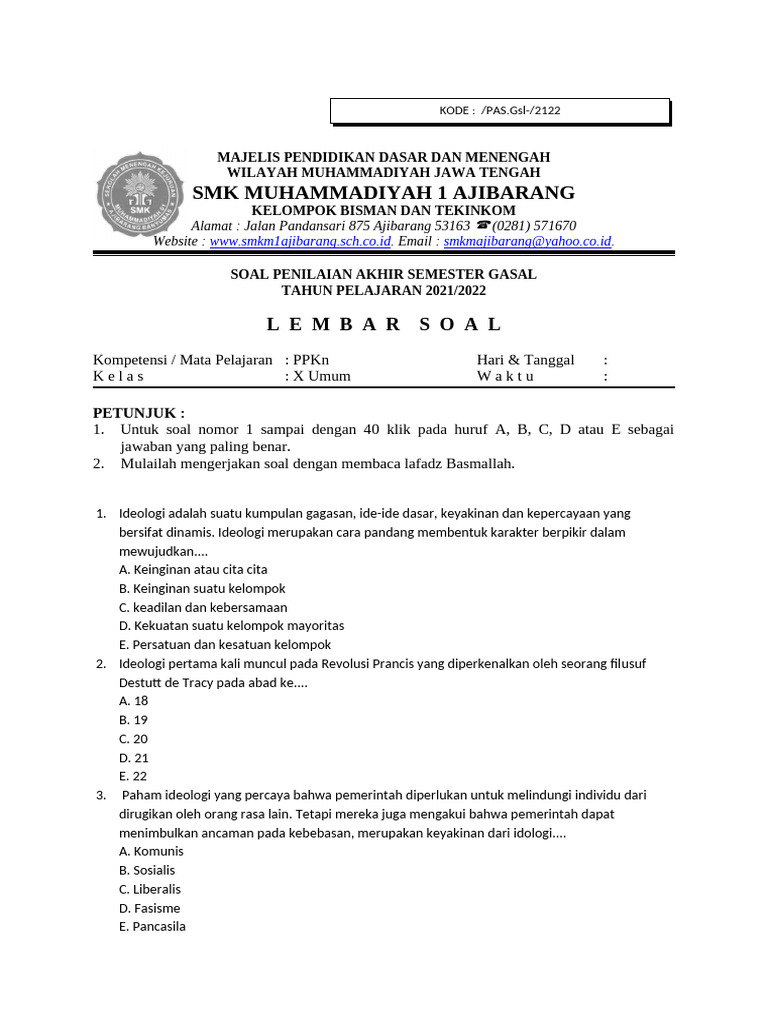 Soal PPKN Pas Kelas X Umum | PDF | Politik