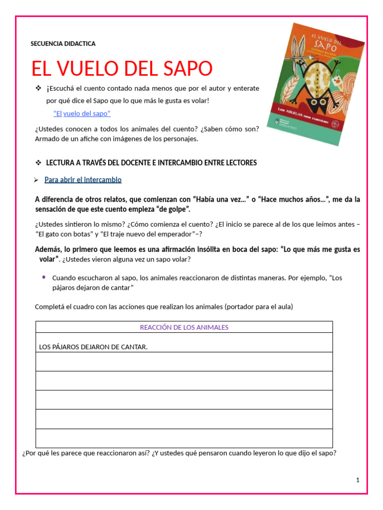 5º Sec Didáctica El Vuelo Del Sapo 4º 2023 Pdf Narración
