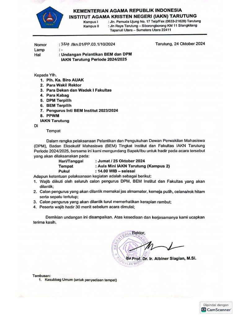 Undangan Pelantikan BEM Dan DPM 2024-202 | PDF