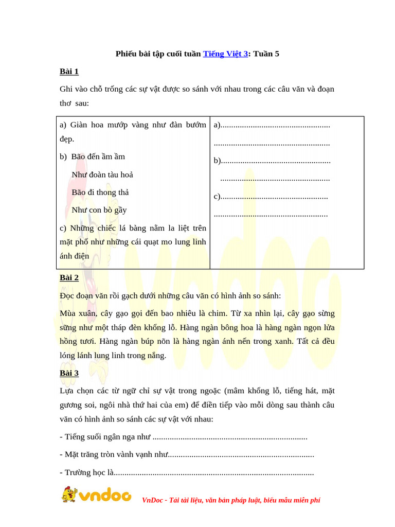 Phieu Bai Tap Cuoi Tuan Tieng Viet 3 Tuan 5 | PDF