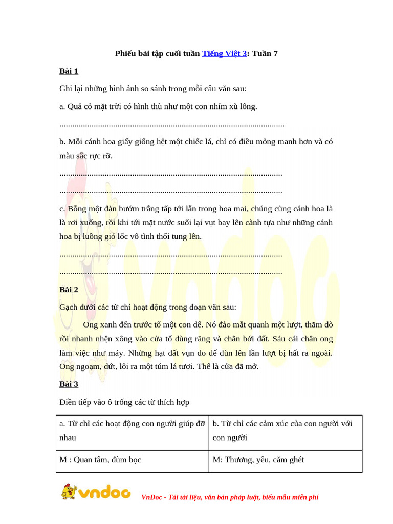 Phieu Bai Tap Cuoi Tuan Tieng Viet 3 Tuan 7 | PDF