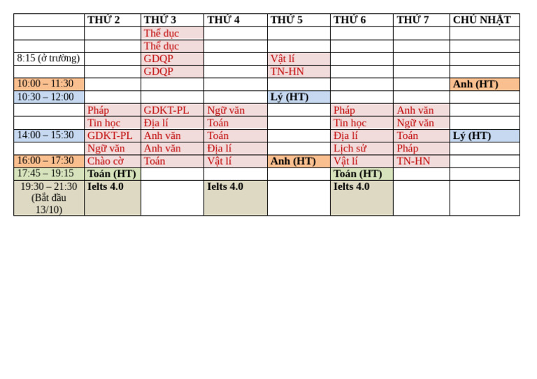 Thể dục Thể dục Gdqp Vật lí Gdqp Tn-Hn: Thứ 2 Thứ 3 Thứ 4 Thứ 5 Thứ 6 Thứ 7 Chủ Nhật | PDF