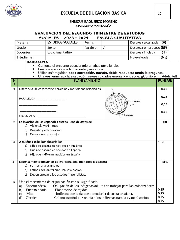 EVAL 6TO A y B SOCIALES 2DO TRIM. | PDF