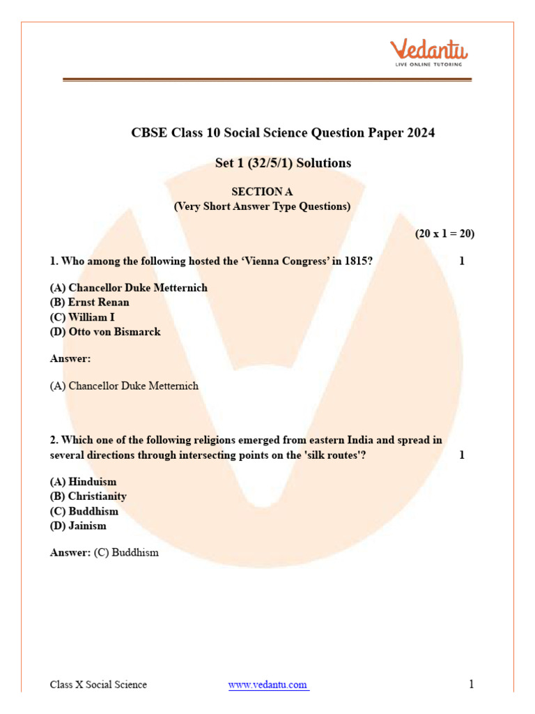 Class 10 Social Science Set 1 (32 - 5 - 1) 2024 Question Paper With ...