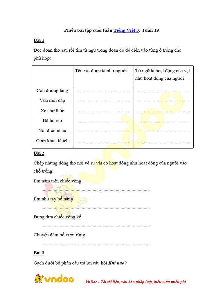Phieu Bai Tap Cuoi Tuan Tieng Viet 3 Tuan 19 | PDF