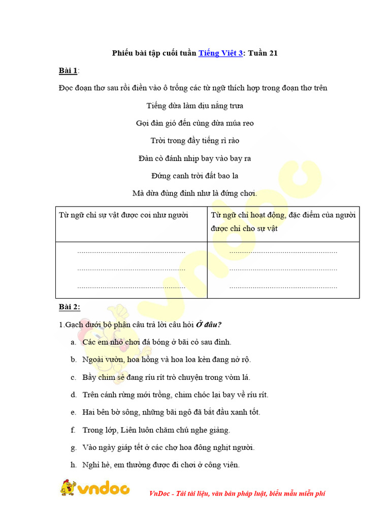Phieu Bai Tap Cuoi Tuan Tieng Viet 3 Tuan 21 | PDF