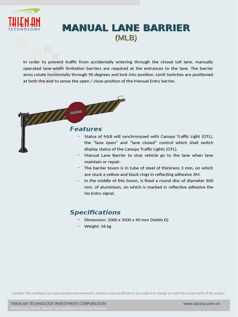 Manual Lane Barrier Specifications Guide | PDF | Technology & Engineering