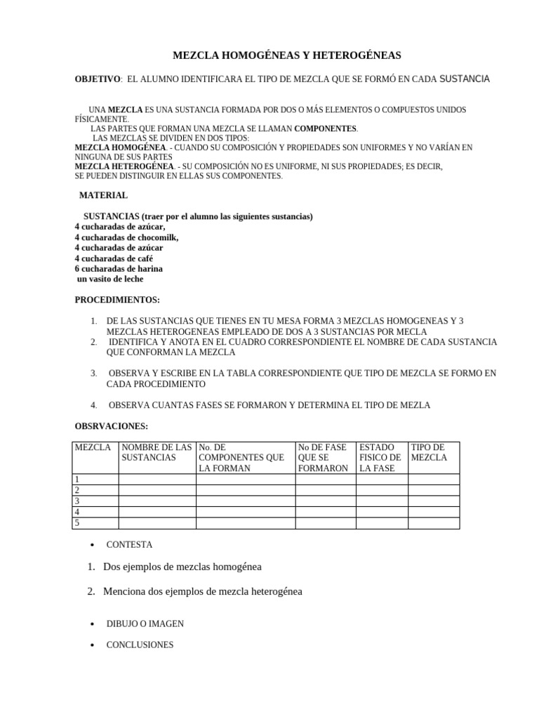 Mezcla Homogéneas y Heterogéneas 5° | PDF