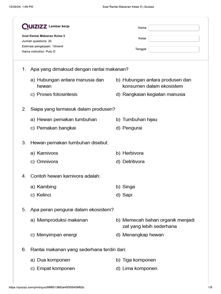 Soal Rantai Makanan Kelas 5 | PDF