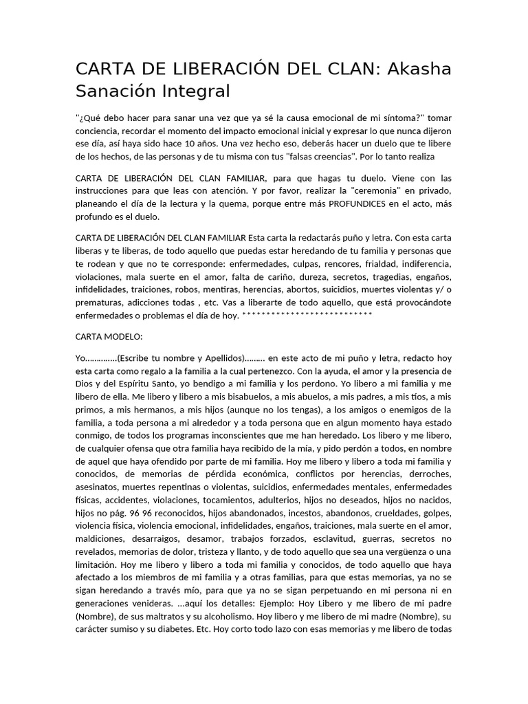 CARTA DE LIBERACIÓN DEL CLAN - Akasha Sanación Integral | PDF
