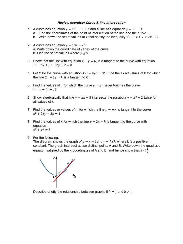 Review Worksheet Intersection Between Line and Curve | PDF