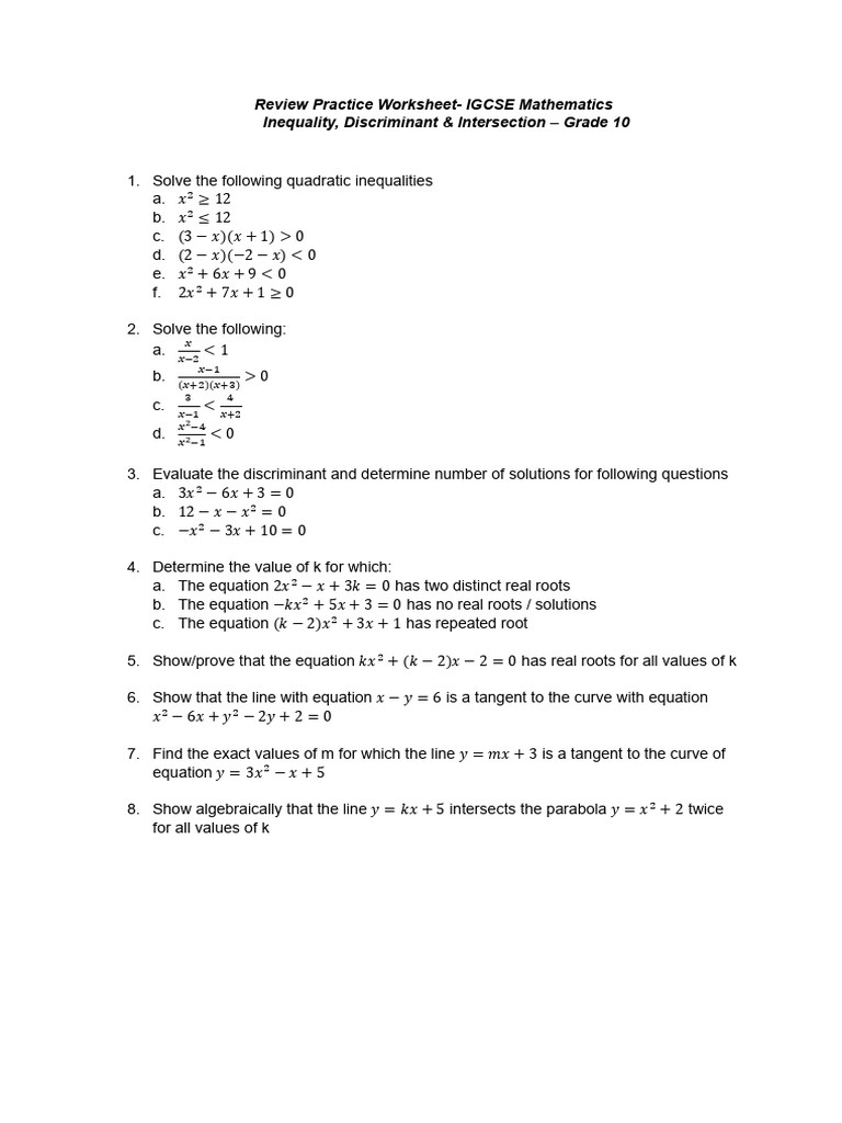 Review Worksheet Inequality-Discriminant-Intersection | PDF