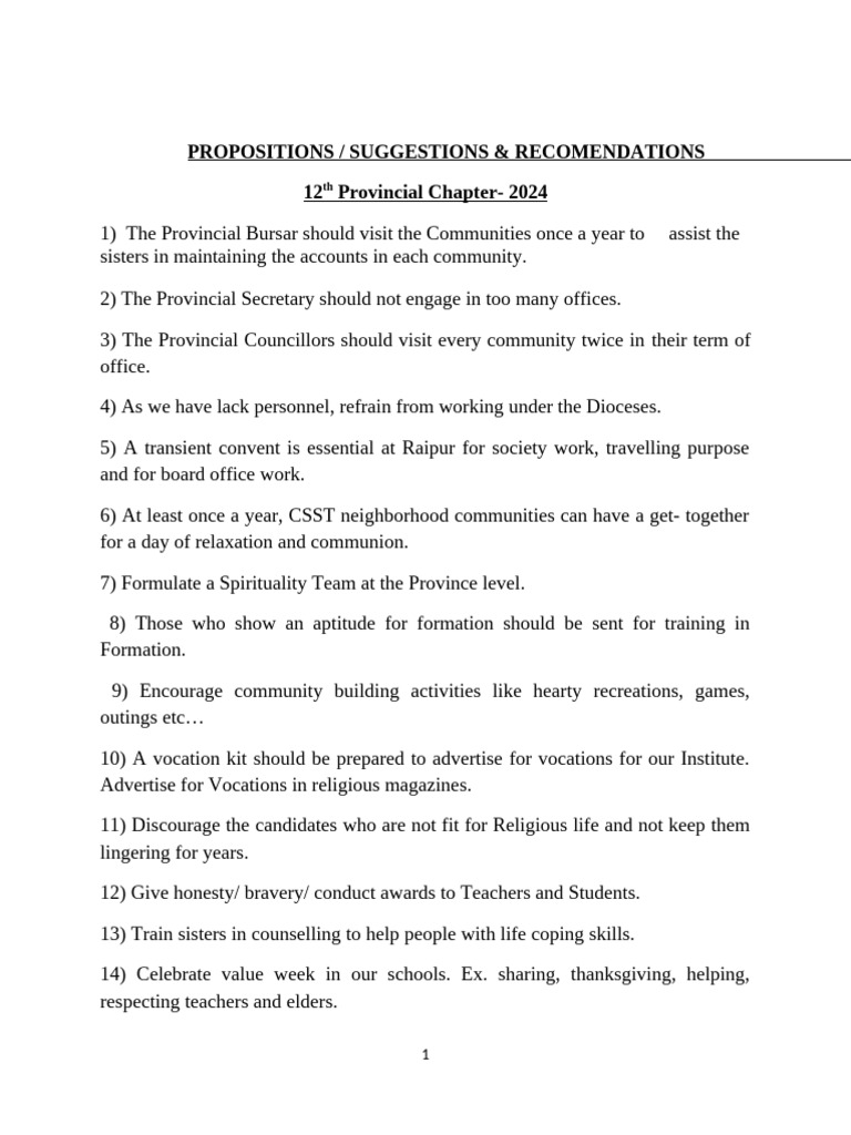 Recommendations for CSST Provincial Chapter 2024 | PDF