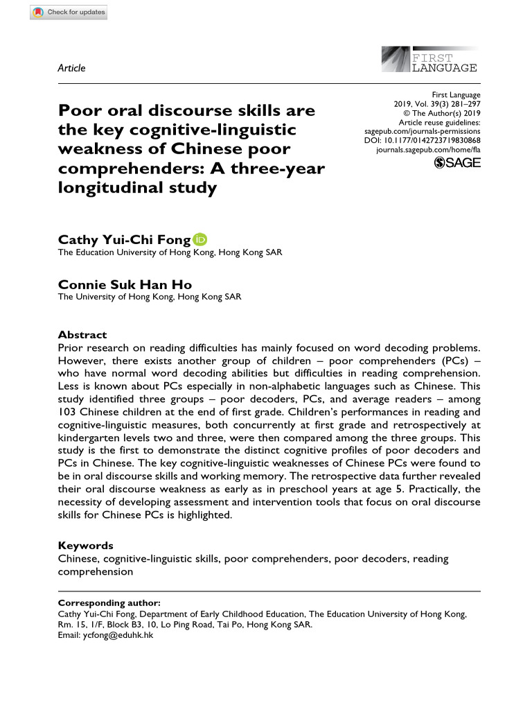Fong Ho 2019 Poor Oral Discourse Skills Are The Key Cognitive Linguistic Weakness of Chinese ...
