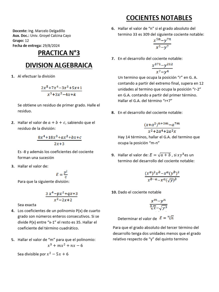 Práctica de División Algebraica y Cocientes | PDF | División ...