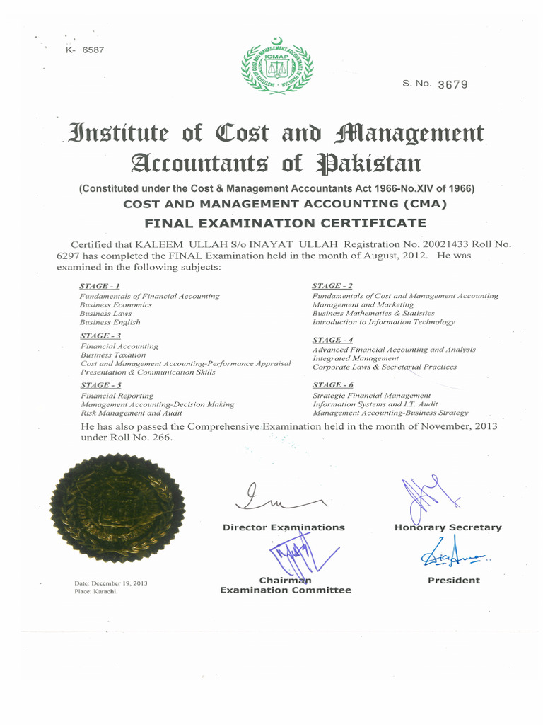 CMA - Transcript Certificate | PDF