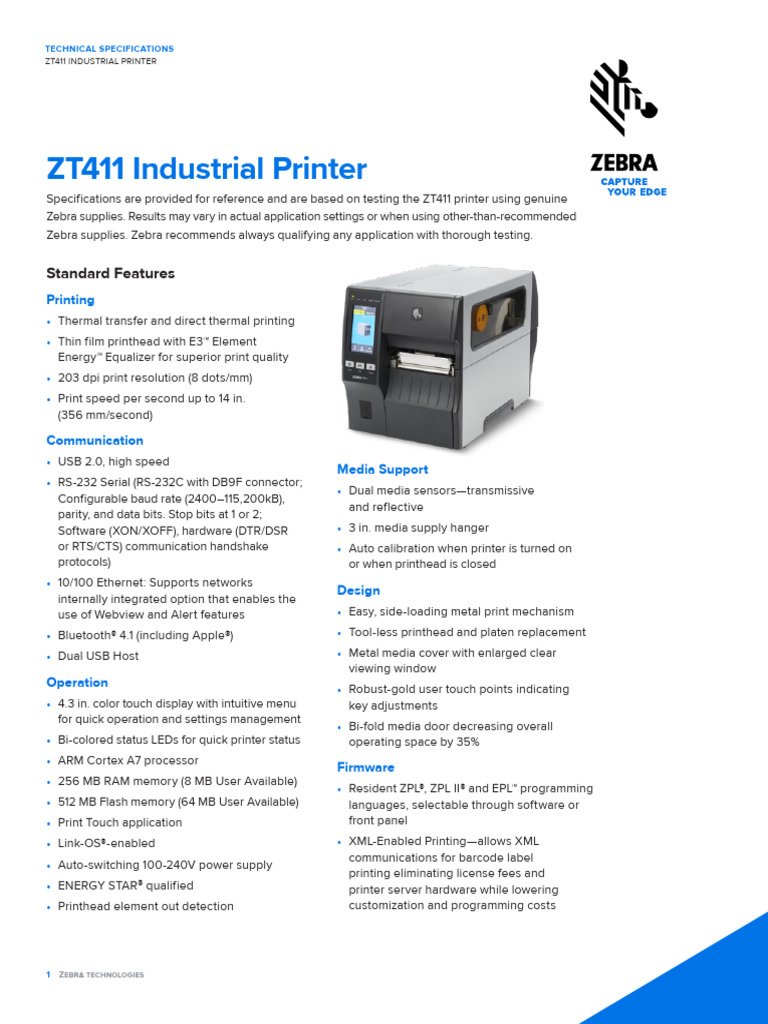 zt411 Tech Specs en Us | PDF | Printer (Computing) | Computing