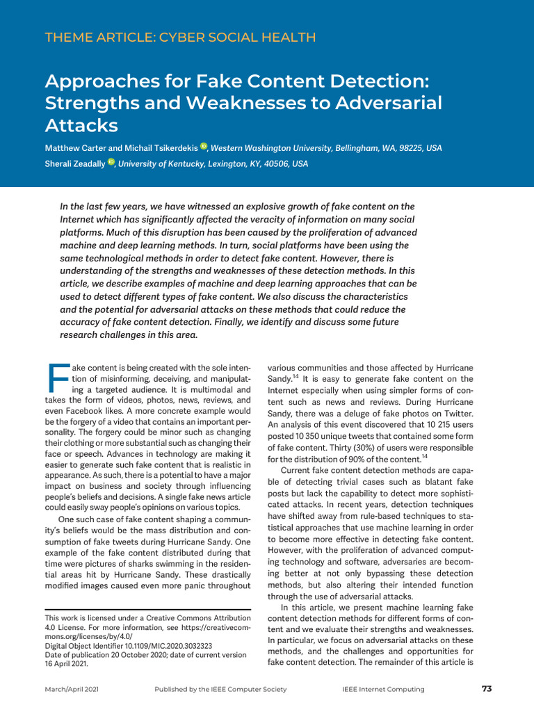 Approaches For Fake Content Detection Strengths and Weaknesses To Adversarial Attacks | PDF ...