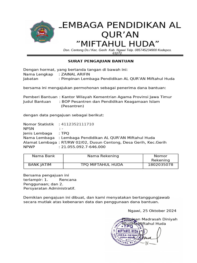 TPQ Surat Permohonan Bantuan BOP | PDF