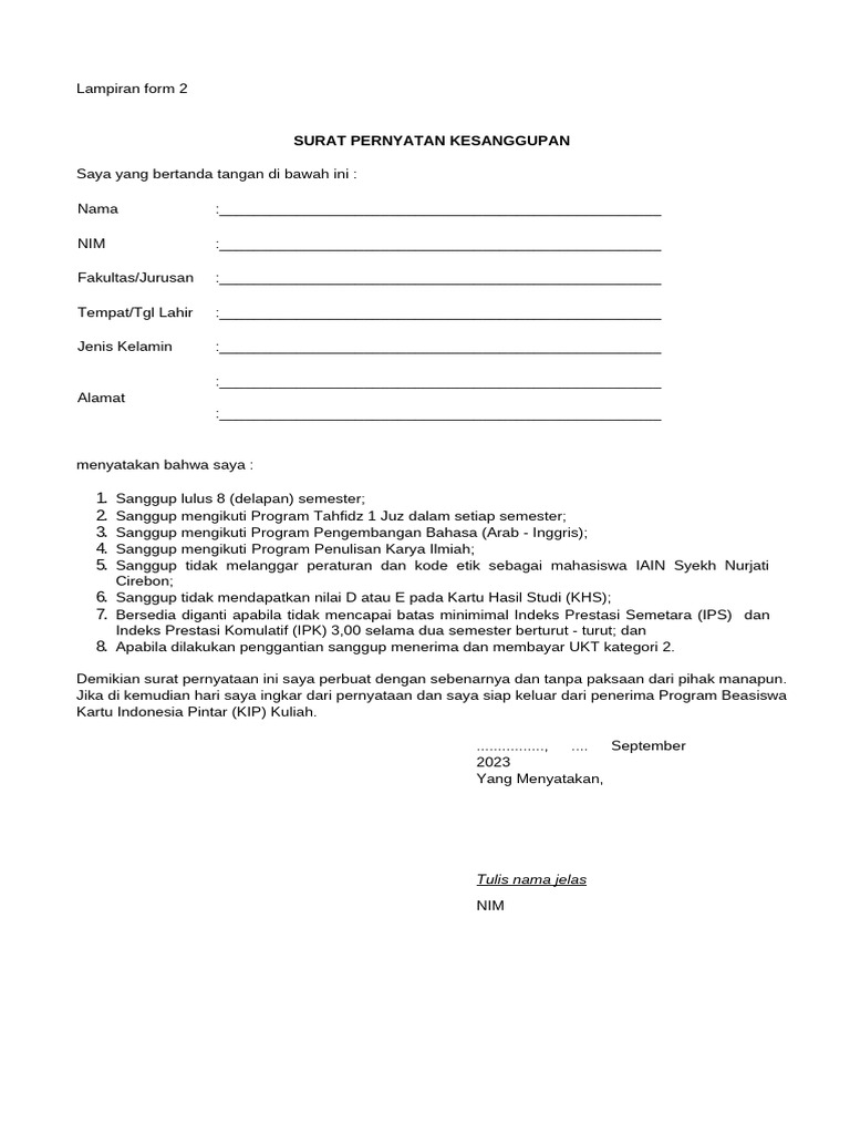 Lampiran Form 2 Form Surat Pernyataan Kesanggupan | PDF