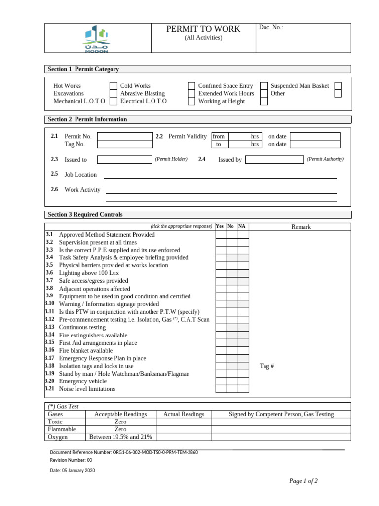30 - Permit To Work Form All Activities | PDF | Underwater Diving ...