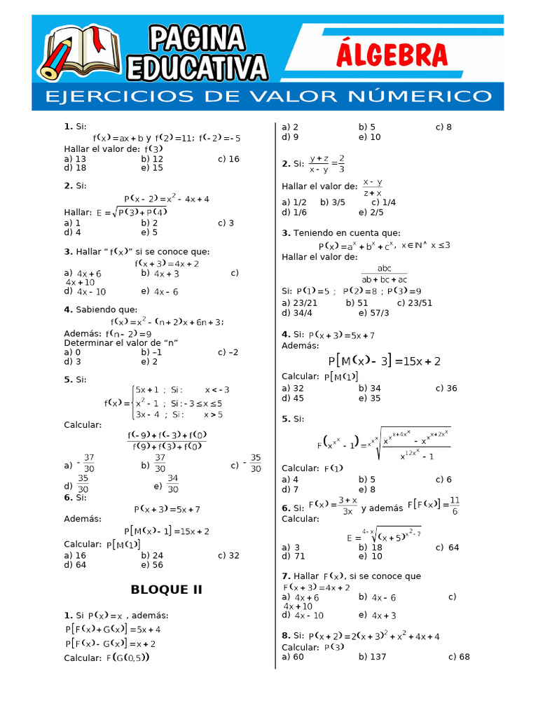 Ejercicios-de-Valor-Numerico-Pagina-Educativa | PDF | Álgebra abstracta | Álgebra