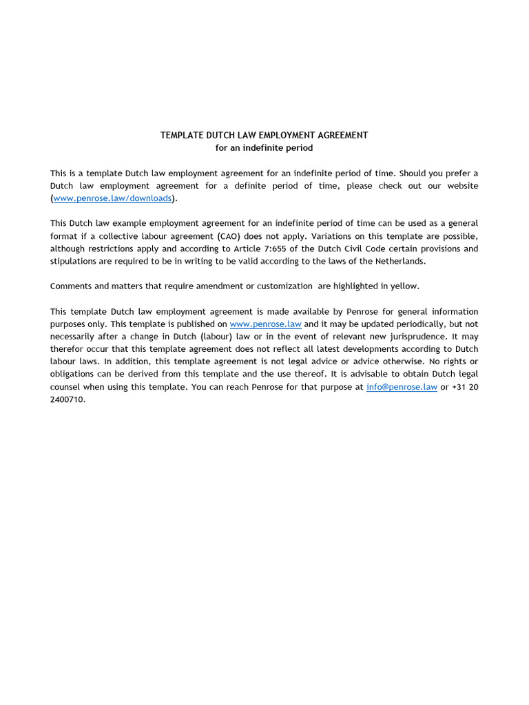 Template Indefinite Employment Agreement Dutch Law - Penrose | PDF ...