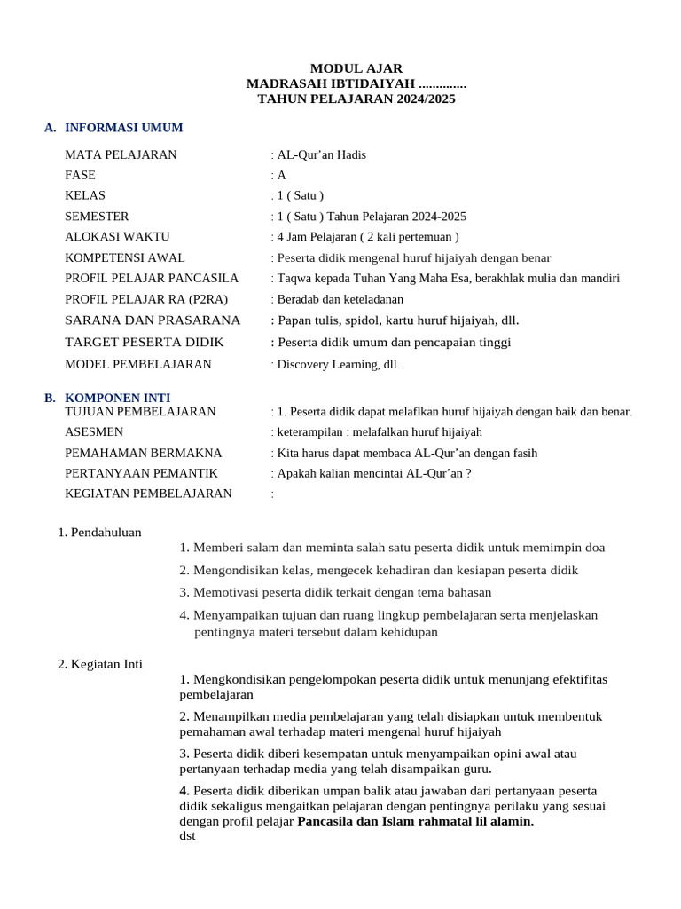 Contoh Modul Ajar - Qurdis TTG Huruf Hijaiyah Fase A Kls 1 | PDF