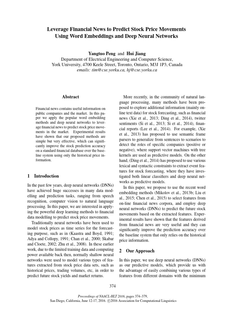 Leverage Financial News To Predict Stock Price Movements Using Word Embeddings and Deep Neural ...