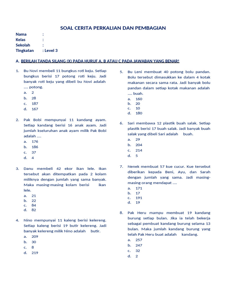 Soal Cerita Perkalian Pembagian Kelas 3 SD | PDF