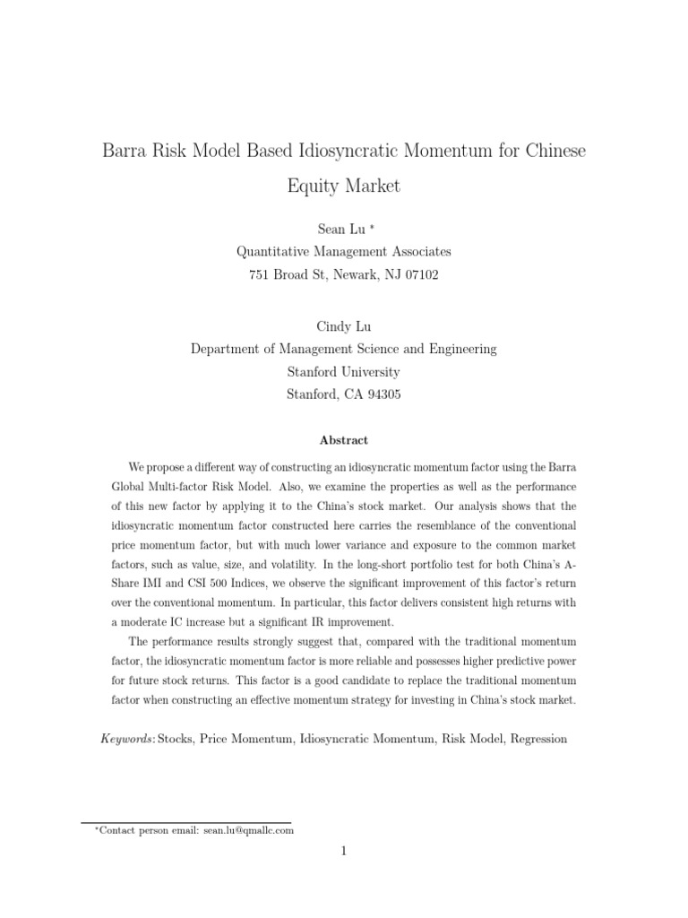 Barra Risk Model Based Idiosyncratic Momentum For Chinese Equity Market ...