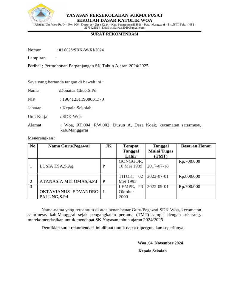 Surat Rekomendasi SK Yayasan | PDF