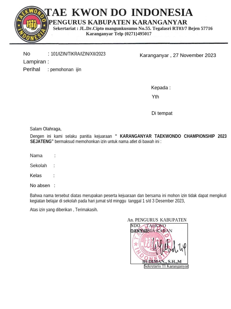 Surat Izin Kejuaraan 2023 | PDF