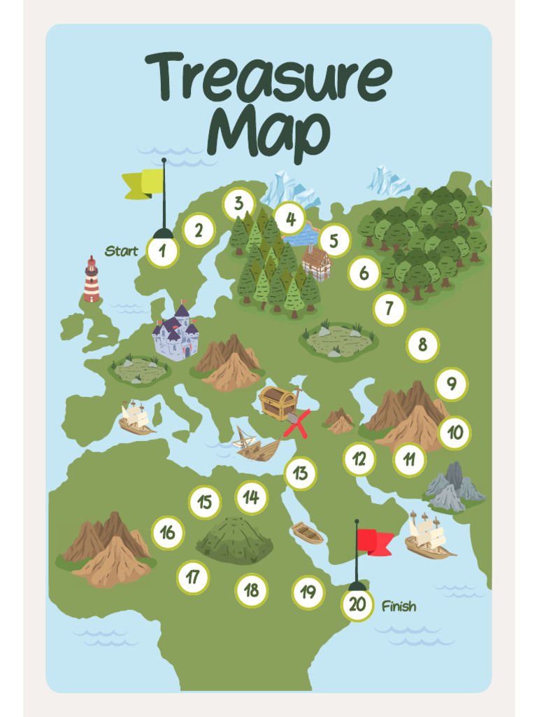 Treasure Map Worksheet in Green and Blue Cartoon Style | PDF