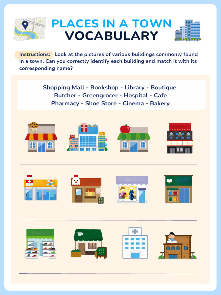 Places in A Town Vocabulary Worksheet in Colorful Cute Style | PDF