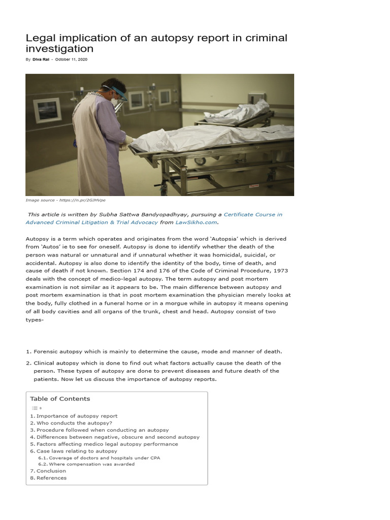 Legal Aspects of Autopsy Reports in Crime | PDF | Autopsy | Pathology