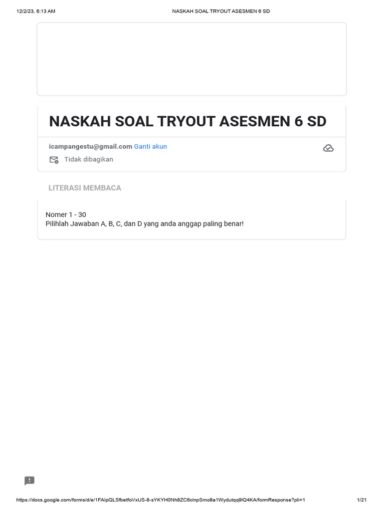 Naskah Soal Tryout Asesmen 6 SD | PDF