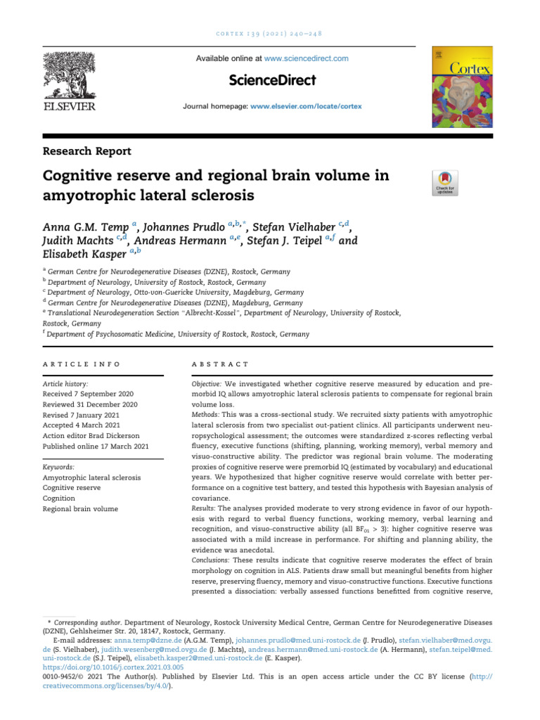 Cognitive Reserve and Regional Brain Volume in | PDF | Working Memory | Intelligence Quotient