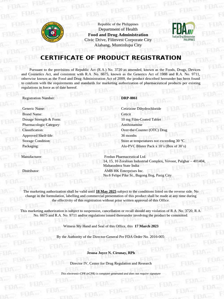 CPR Cetirizine Ceticit 10mg Tab DRP 8861 | PDF | Food And Drug ...